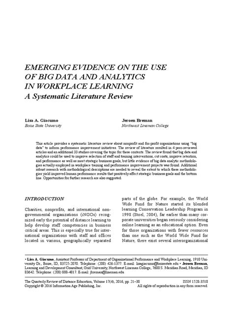 Emerging Evidence On The Use Of Big Data And Analytics In Workplace Learning Pdf Analytics