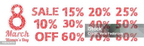 여자의 하루 판매 편지와 숫자 마음의 만든 서명 특별 행사 할인 레이블을 설정 합니다 벡터 일러스트입니다 가 게 광고 및 홍보에 대 한 디자인의 요소를 편집 하기 쉬운 0