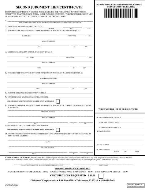 Fillable Online Second Judgment Lien Certificate Fax Email Print