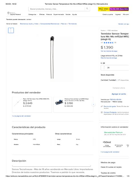 Termistor Sensor Temperatura Ntc Ntc Mf52at Mf52a Elegir K Pdf