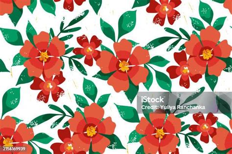 완벽 한 꽃 패턴 장식 예술 꽃 디자인 큰 손으로 그린 빨간 꽃 흰색 배경에 나뭇잎 벡터 일러스트 레이 션입니다 0명에 대한 스톡 벡터 아트 및 기타 이미지 Istock