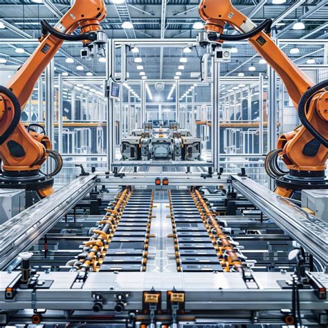 Automated Assembly Line With Orange Robotic Arms At Work Generative Ai Stock Illustration