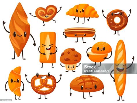 재미있는 빵 캐릭터 만화 얼굴의 다양한 빵 베이커리 요소 토스트 및 덩어리 아침 식사 만화 크로와상과 머핀 요즘 벡터 세트 바게트에 대한 스톡 벡터 아트 및 기타 이미지