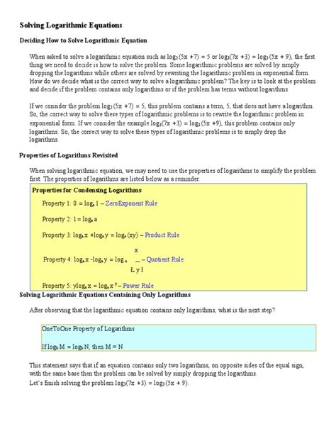 Solving Logarithmic Equations Pdf Logarithm Quadratic Equation