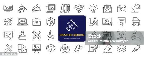그래픽 디자인 라인 스타일의 웹 아이콘 집합입니다 웹 및 모바일 앱을 위한 그래픽 디자인 아이콘입니다 디지털 아트 창의성 도구 그림 포트폴리오 창작 과정 벡터 그림 3차원