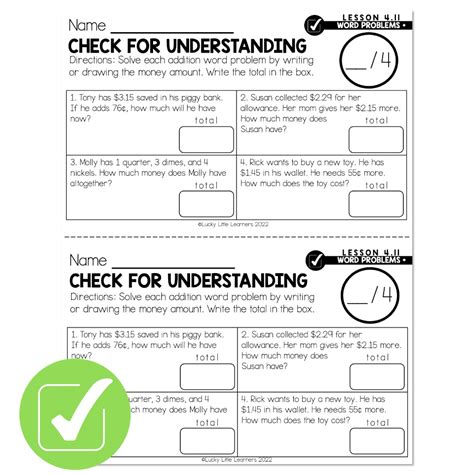 Lucky To Learn Math One Step Addition Money Word Problems Lesson 411 Check For