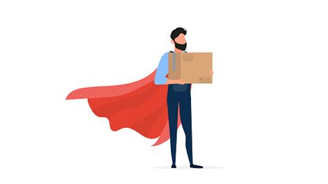 빨간 망토가 달린 로더는 골판지 상자를 들고 있습니다 로더 슈퍼 히어로 점프수트를 입은 남자가 상자를 들고 있다 상품의 배달 및 운송의 개념 격리 벡터 3차원 형태에 대한