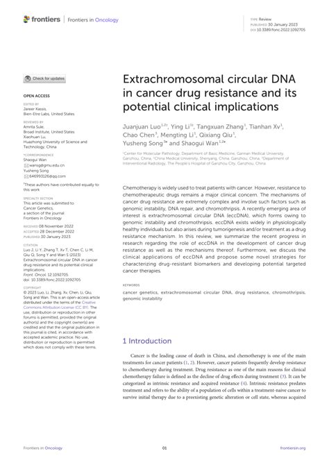 Pdf Extrachromosomal Circular Dna In Cancer Drug Resistance And Its Potential Clinical