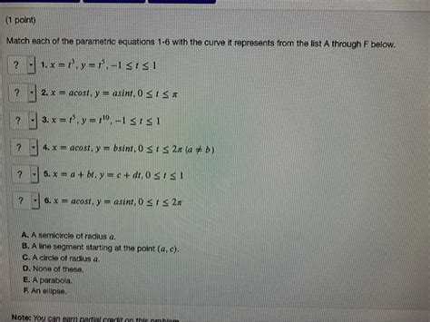 Solved 1 Point Match Each Of The Parametric Equations 1 6