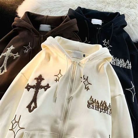 Y2k Goth Cross Zip Up Embroidered Hoodies Y2k Clothing Y2k Etsy Canada