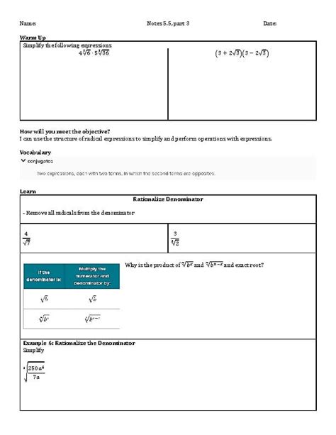 Guided Notes Lesson 55 Part 3 Operations With Radical Functions