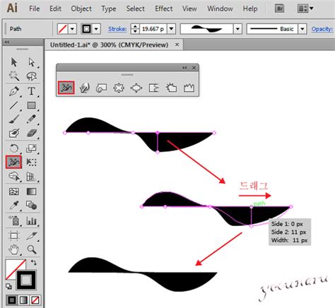 일러스트레이터 스트로크 Stroke 패널 사용설정하기 점선 만들기 새 Profile 만들기 등록하기 위드 툴width Tool로 선 폭두께 조절하기