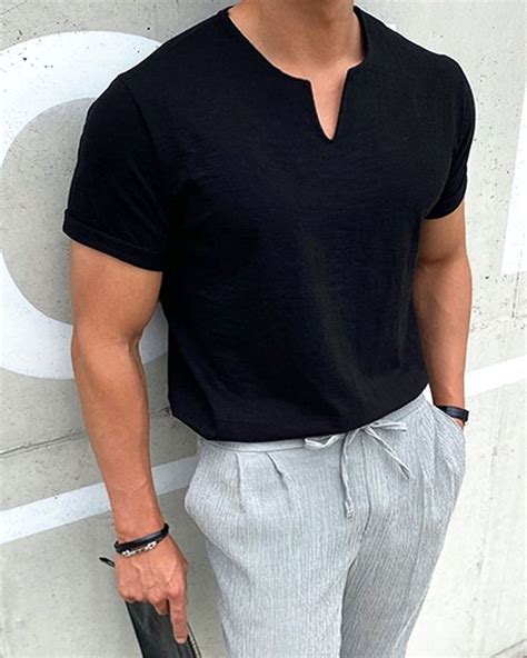 Mens Casual Basic V Neck Cotton T Shirt Mens Black Shirt
