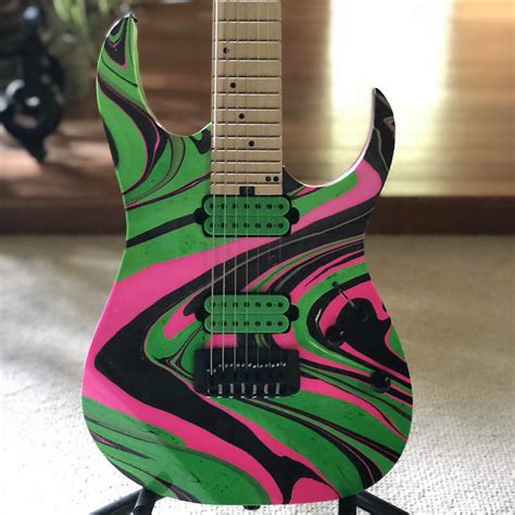 Custom Ibanez 7 String Pink And Green Swirl Reverb