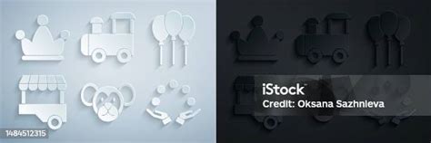 원숭이 리본이 달린 풍선 패스트 스트리트 푸드 카트 저글링 공 장난감 기차 광대 모자 종 아이콘을 설정합니다 벡터 3차원 형태에 대한 스톡 벡터 아트 및 기타 이미지