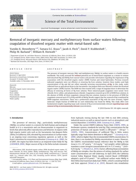 Removal Of Inorganic Mercury And Methylmercury From Surface Waters