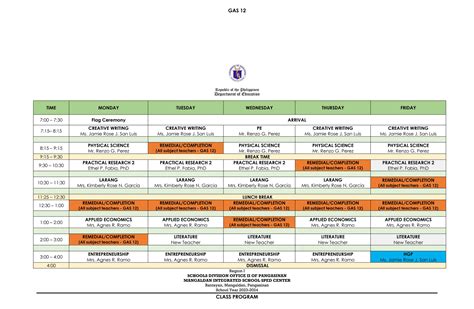 Shs Class Program School Year 2025 20251stsem 1 Docx