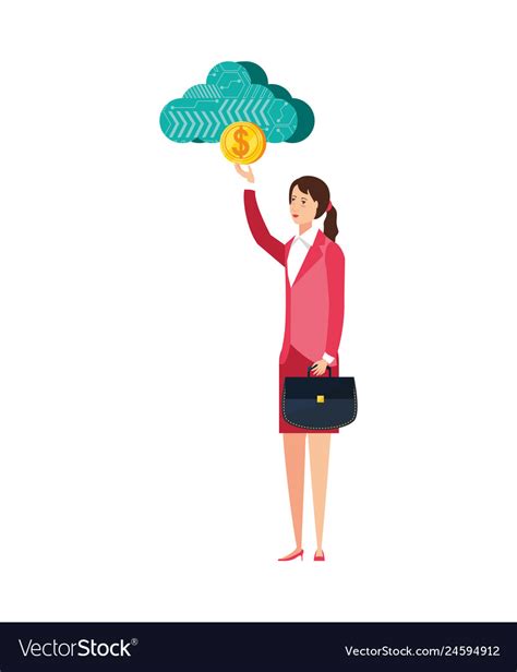 Young Businesswoman With Cloud Computing And Coin Vector Image