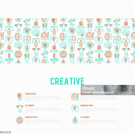 얇은 선 아이콘으로 창조적인 개념 아이디어의 생성 시작 브리핑 브레인스토밍 퍼즐 컬러 팔레트 창조적 비전 천재 현대 벡터 일러스트 레이 션 배너 웹 페이지 인쇄 미디어