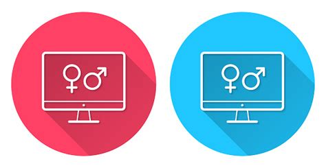 성별 기호가 있는 데스크톱 컴퓨터 빨간색 또는 파란색 배경에 긴 그림자가 있는 둥근 아이콘 0명에 대한 스톡 벡터 아트 및 기타 이미지 Istock