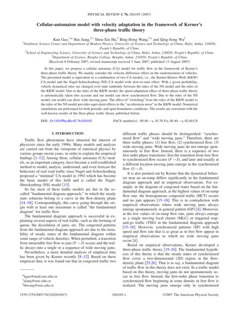 Pdf Cellular Automaton Model With Velocity Adaptation In The Framework Of Kerners Three Phase