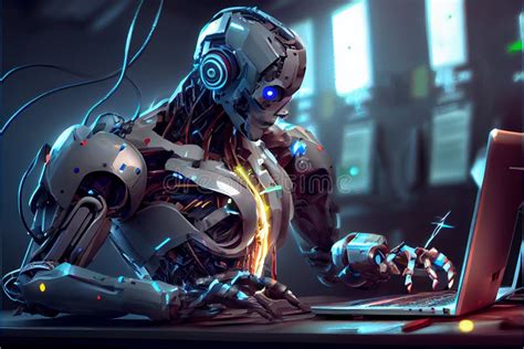 Humanoid Robot Artificial Intelligence Working At His Computer
