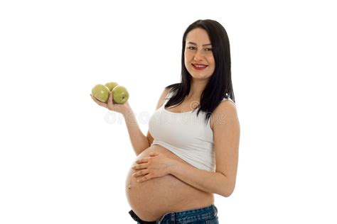 Schöne Junge Schwangere Frau Mit Dem Dicken Bauch Hält Apple In Der