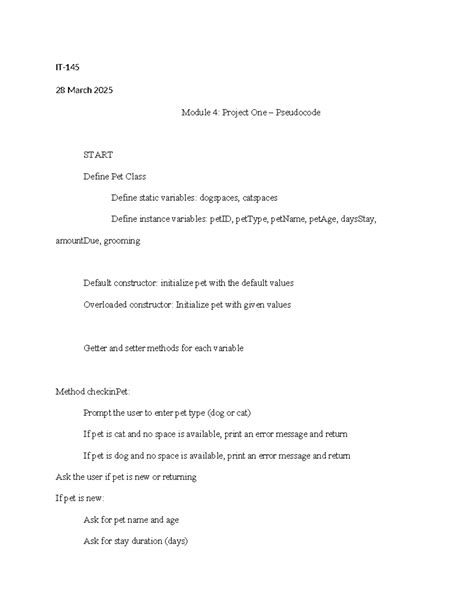 Module 4 Project One Pseudocode For Pet Class Management Studocu