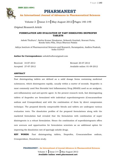 Pdf Formulation And Evaluation Of Fast Dissolving Ibuprofen Tablets