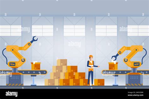 Industry 40 Smart Factory Concept Workers Robot Arms And Assembly Line Technology Vector