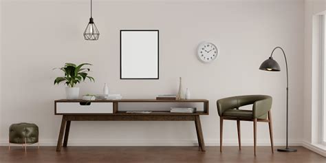 빈 수직 포스터 프레임은 나무 캐비닛 안락의자 장식이 있는 현대적인 거실에 있습니다 3d 렌더링 그림 가구에 대한 스톡 사진 및 기타 이미지 Istock