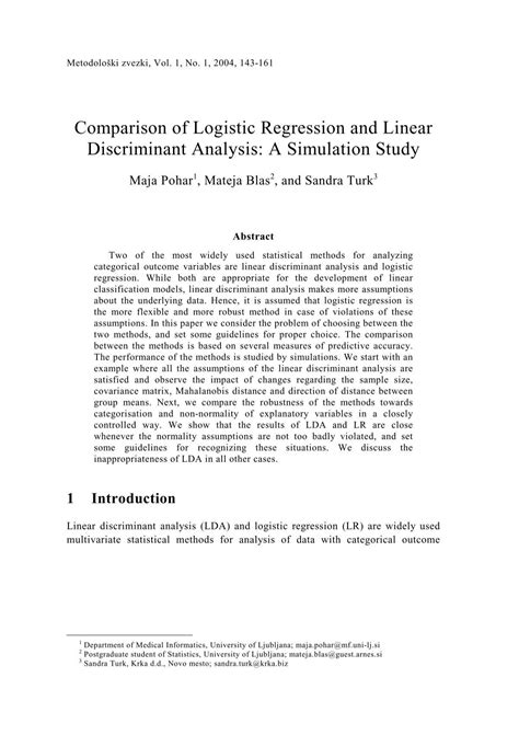 Comparison Of Logistic Regression And Linear Discriminant Analysis