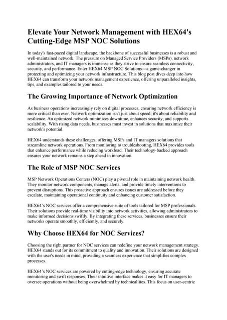Boost Network Reliability With Top Noc Services Providers With Hex64 Pdf