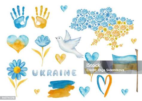 우크라이나 국기 평화의 비둘기 꽃 하트 파란색과 노란색의 손 지문의 손으로 그린 지도의 수채화 그림 우크라이나어 국기의 색상 독립 기념일 포스터를위한 고립 된 클립 아트