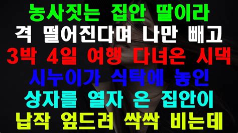 실화사연 농사짓는 집안 딸이라 격 떨어진다며 나만 빼고 3박 4일 여행 다녀온 시댁 시누이가 식탁에 놓인 상자를 열자 온 집안이 납작 엎드려 싹싹 비는데 Youtube