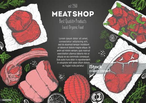 고기와 소시지 상단 보기 프레임 벡터 그림입니다 새겨진 디자인 손으로 그린 그림 육류 제품 디자인 템플릿 갈비 음식에 대한 스톡
