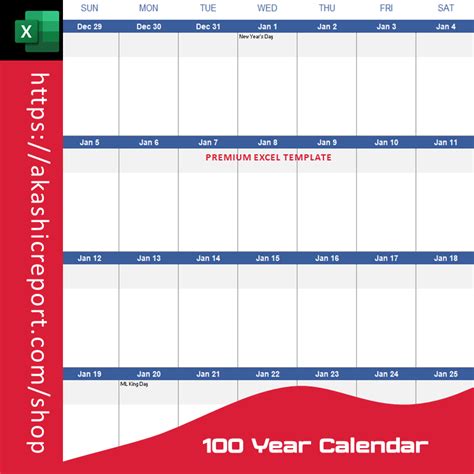 100 Year Calendar Pro Excel Template