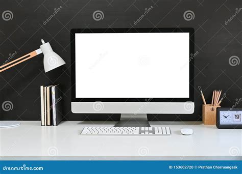 Workspace Blank Screen Desktop Computer Mockup Computer Lamp And Home