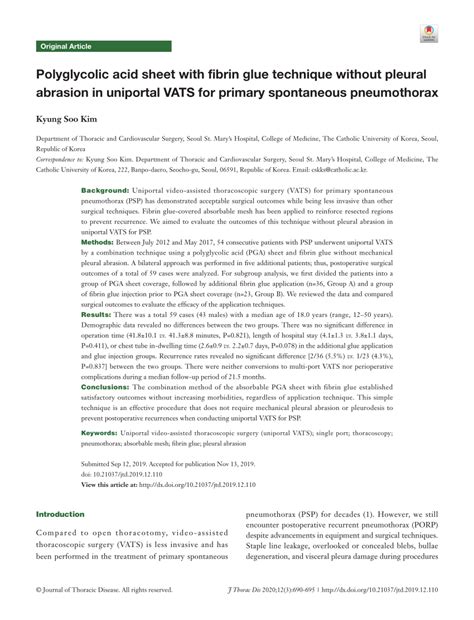 Pdf Polyglycolic Acid Sheet With Fibrin Glue Technique Without Pleural Abrasion In Uniportal