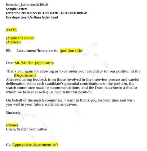 Rejection Email Template After Interview 27 Rejection Letters Template