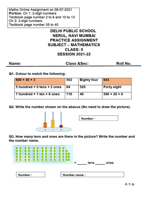 Class 2 Maths Practice Assignment 1 Pdf