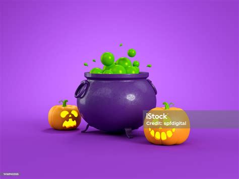 자주색 배경에 Jackolantern 호박과 마녀 가마솥이있는 해피 할로윈 전통적인 10 월 휴일 3d 렌더링 가마솥에 대한 스톡 사진 및 기타 이미지 Istock