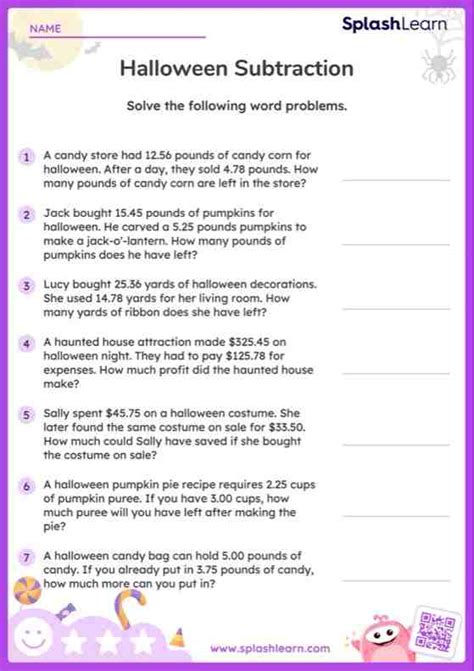 Subtract Decimal Numbers With Upto 2 Decimal Place Halloween Word Problems Worksheet