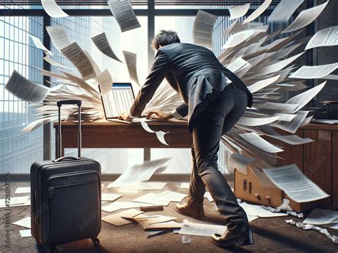 Businessman Bent Over Laptop With Documents Exploding Out In A Messy