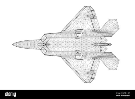 Combat Fighter Jet Wireframe From Black Lines Isolated On White Background Bottom View 3d