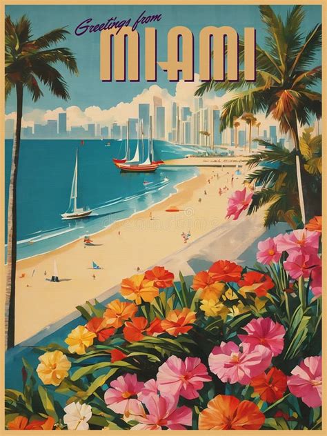 Miami Beach Florida Vintage Travel Poster Postcard Stock Illustration Illustration Of Poster