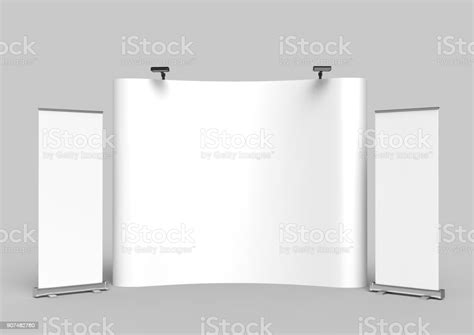 전시 긴장 패브릭 디스플레이 배너 스탠드 배경 무역에 대 한 표시 광고 스탠드 Led 또는 할로겐 빛 Standees와 카운터 3d 렌더링 그림입니다 키오스크에 대한 스톡