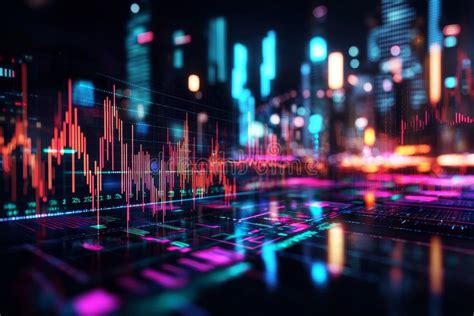 Futuristic Digital Cityscape With Vibrant Neon Lights And Data Graphs Stock Illustration