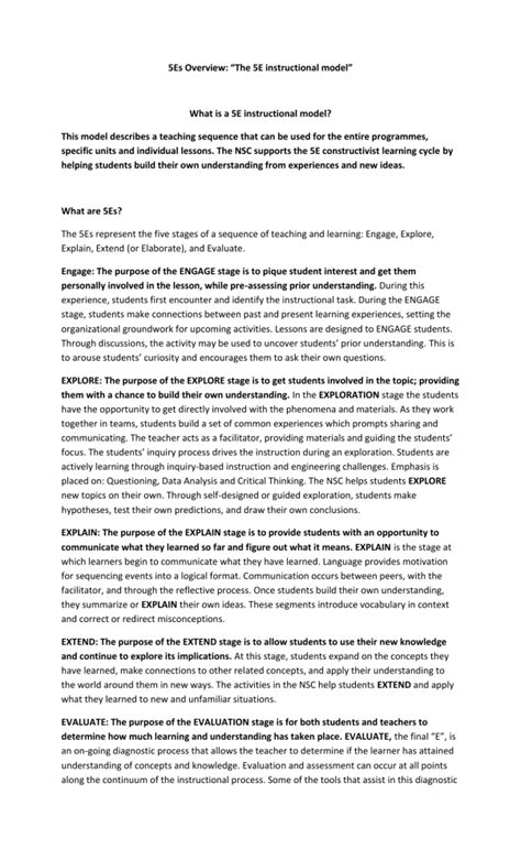 5e Instructional Model Lesson Plan Overview For Educators