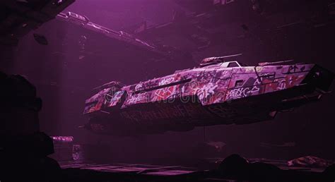 Graffiti Covered Spaceship In A Purple Sci Fi Landscape Stock